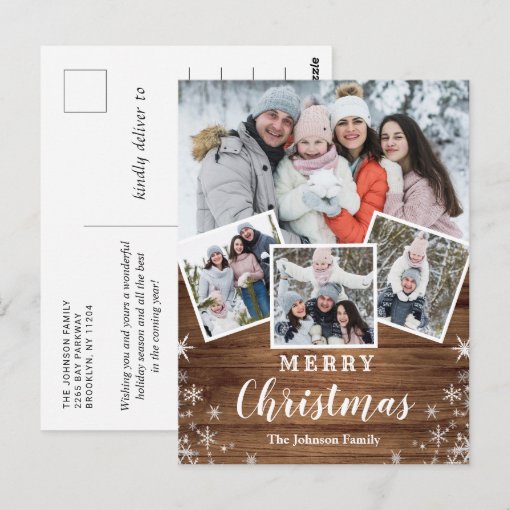 Christmas Rustic Wood 4 PHOTO Greeting Holiday Pos Postcard | Zazzle