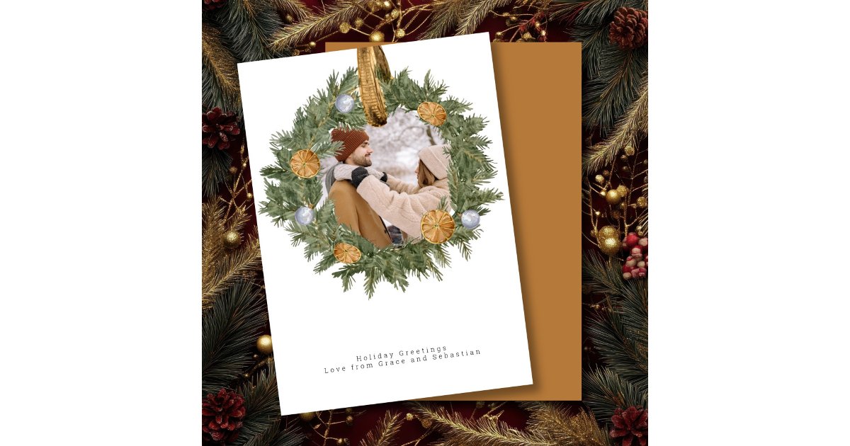 Christmas Rustic Wreath Photo Personalized Holiday Card | Zazzle