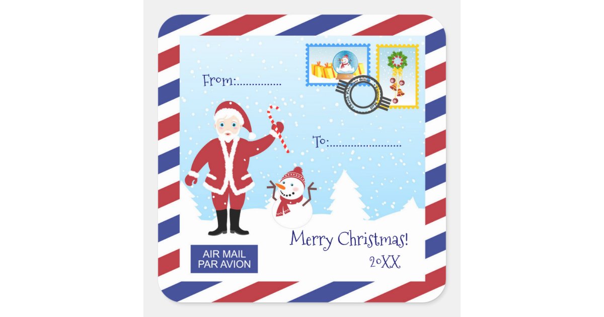 Christmas Santa Air mail envelope Square Sticker | Zazzle