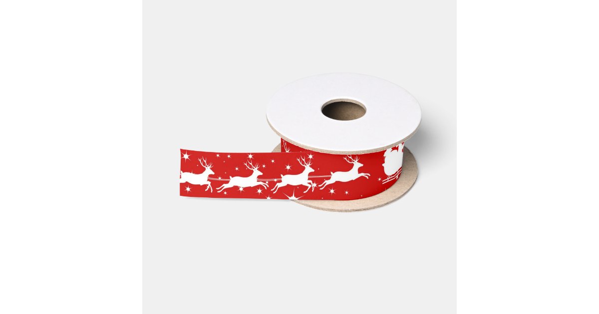 Christmas Santa Claus Reindeer Sleigh Red White Satin Ribbon | Zazzle