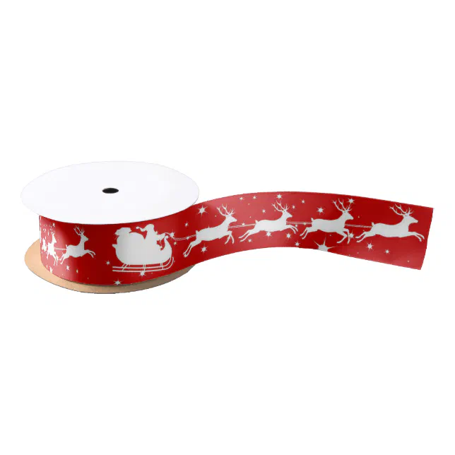 Christmas Santa Claus Reindeer Sleigh Red White Satin Ribbon | Zazzle
