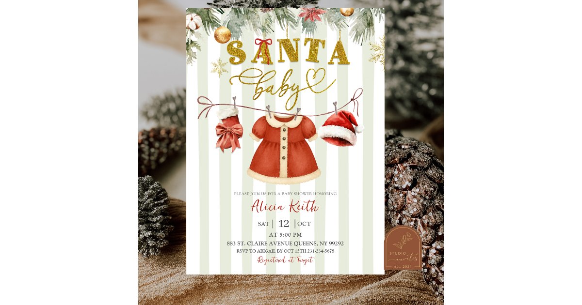 Christmas Santa Clothesline Girl Baby Shower Invitation | Zazzle