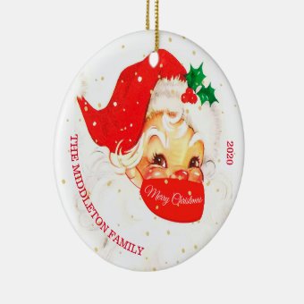 Christmas Santa Covid-19 Mask Merry Fun Greeting Ceramic Ornament | Zazzle