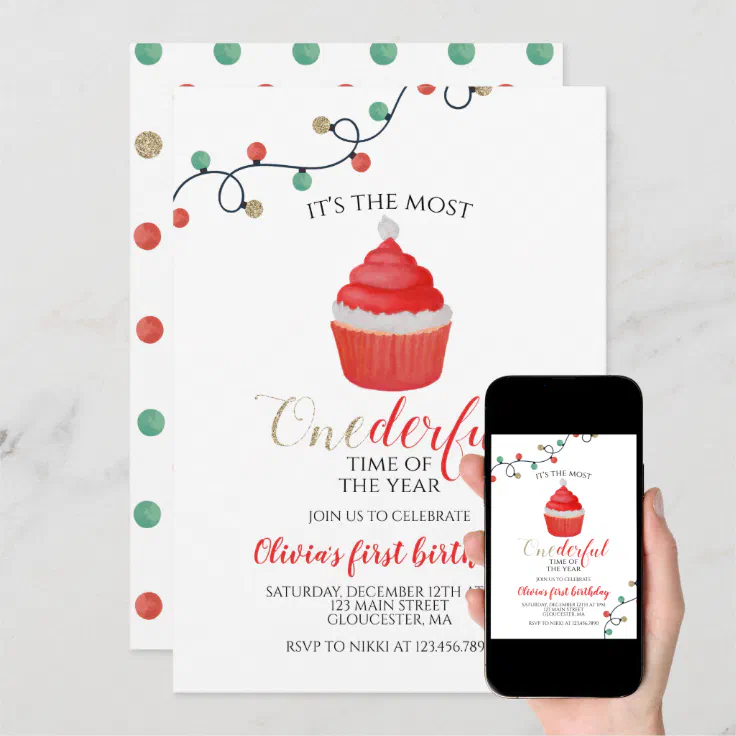 Christmas Santa Cupcake Onederful First Birthday I Invitation | Zazzle