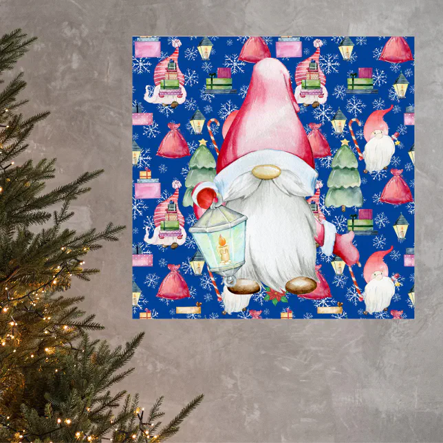Christmas Santa Gnome & Blue Pattern Background Poster | Zazzle
