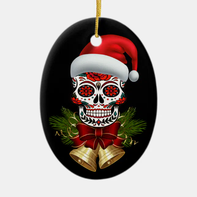 Christmas Santa Hat Day Of The Dead Sugar Skull Ceramic Ornament | Zazzle