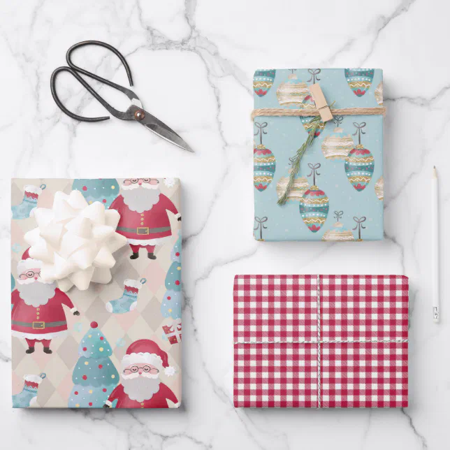 Christmas Santa, Ornaments & Red Gingham Check Wrapping Paper Sheets ...
