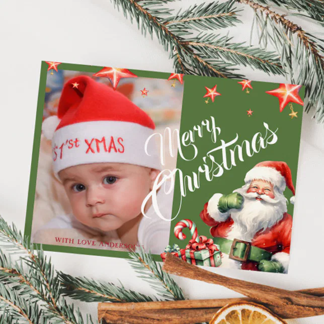 Christmas Santa Personalized Photo Green Postcard | Zazzle