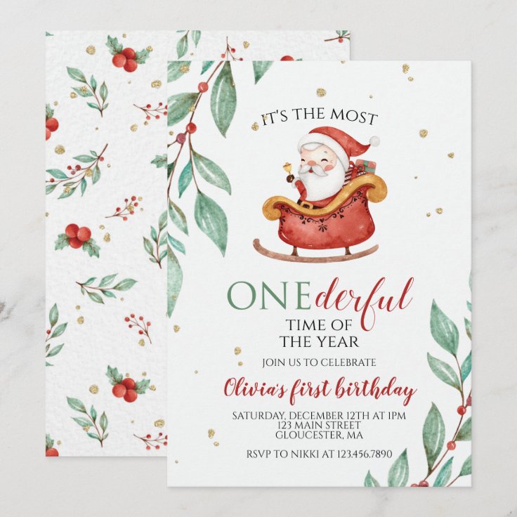 Christmas Santa Sleigh Onederful First Birthday Invitation | Zazzle