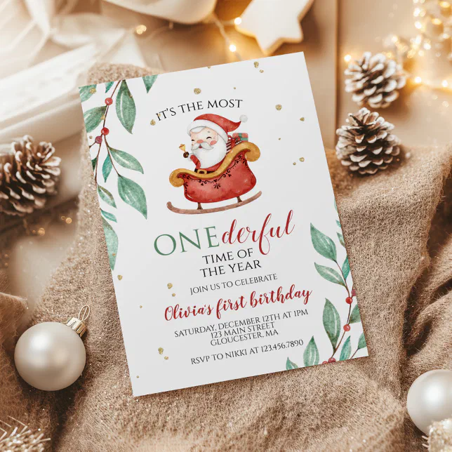 Christmas Santa Sleigh Onederful First Birthday Invitation | Zazzle
