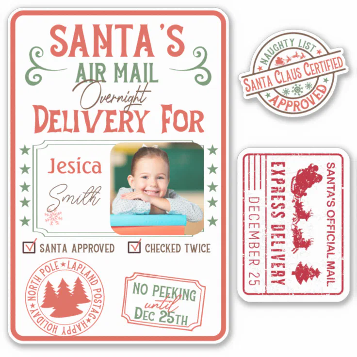Christmas Santa special delivery kids name & photo Sticker | Zazzle