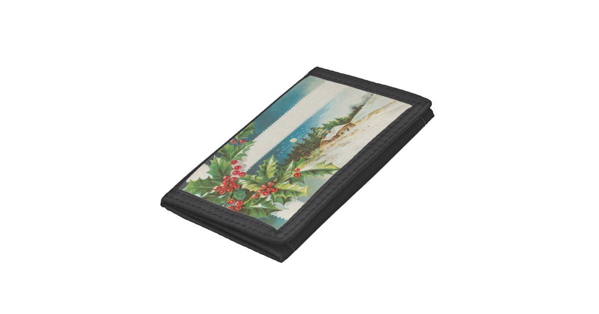 Christmas Scene Holly Snow Winter Trifold Wallet | Zazzle