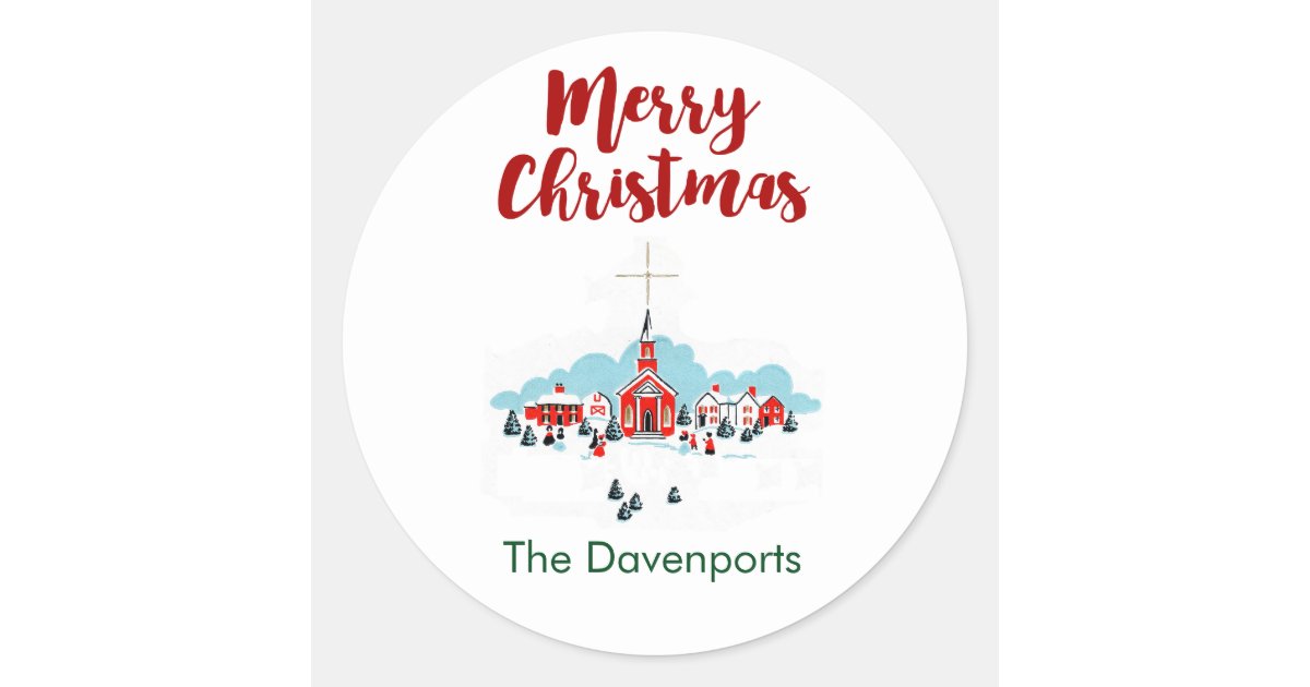 Christmas Scene with a Red Church and Star Above Classic Round Sticker ...