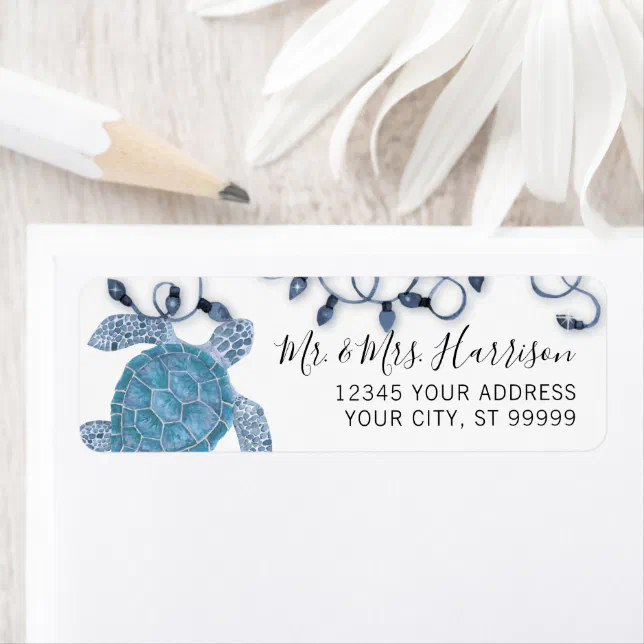 Christmas Sea Turtle Beach Blue Lights Script Label | Zazzle