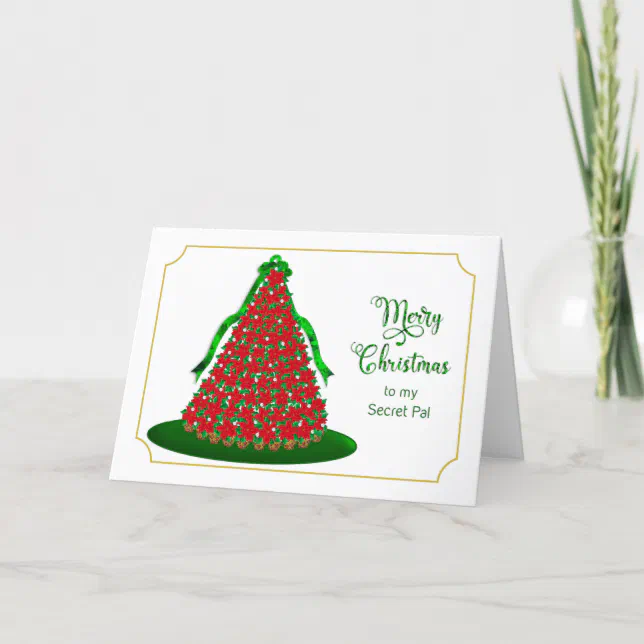 Christmas, Secret Pal, Red Poinsettia Tree Holiday Card | Zazzle