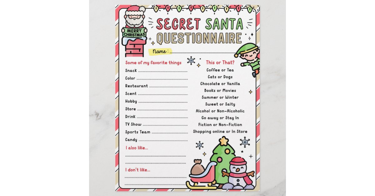 Christmas Secret Santa Questionnaire Form Template | Zazzle