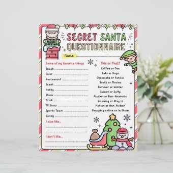 Christmas Secret Santa Questionnaire Form Template | Zazzle