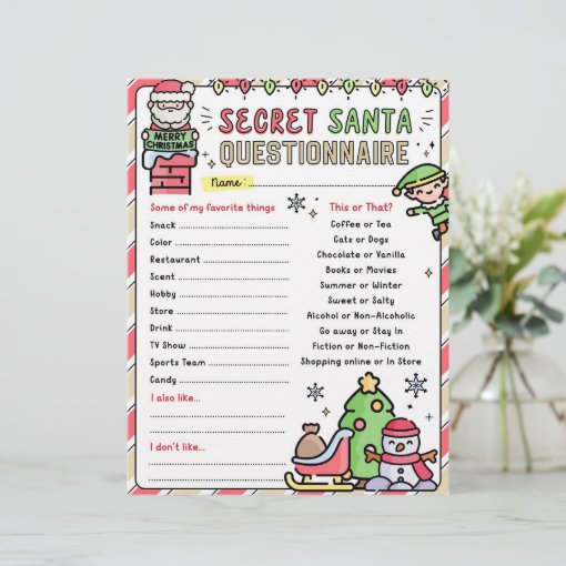 Christmas Secret Santa Questionnaire Form Template | Zazzle