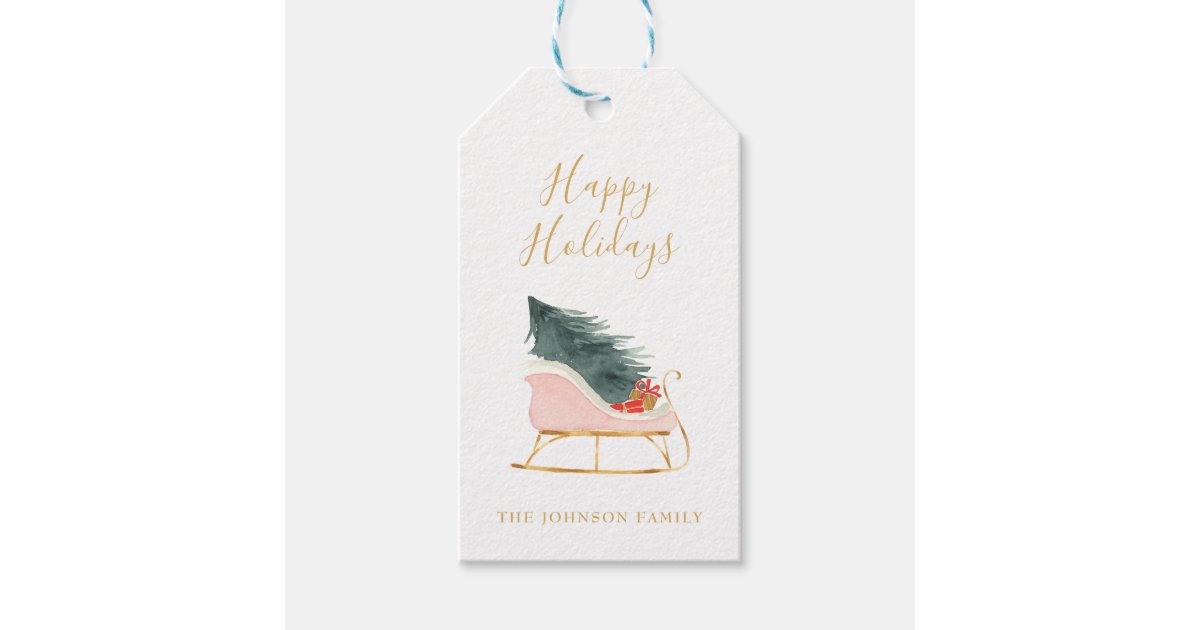 Christmas Shabby Pink Sleigh Gold Script Gift Tags | Zazzle