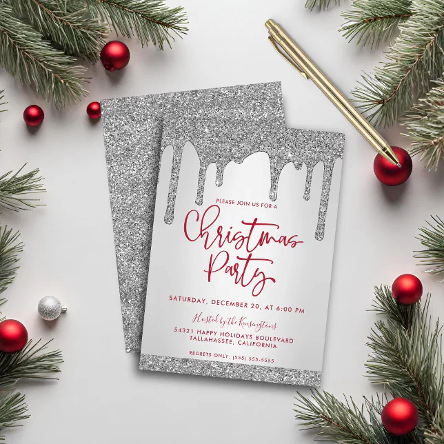 Christmas Silver Glitter Drips Christmas Party Invitation | Zazzle
