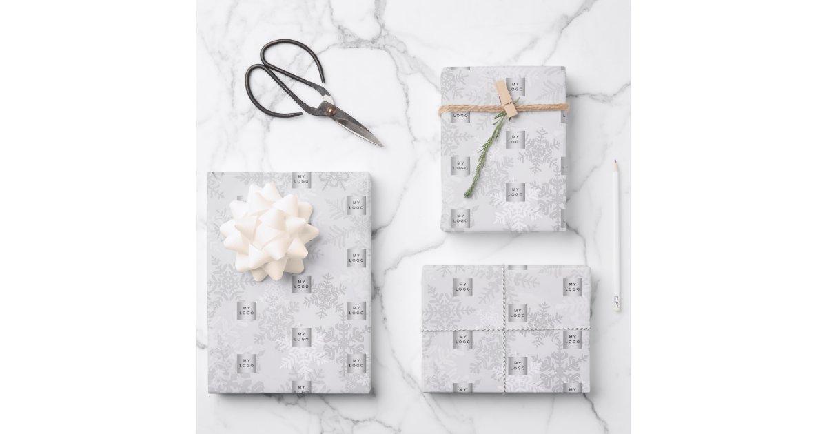 Christmas silver snowflakes business logo wrapping paper sheets | Zazzle