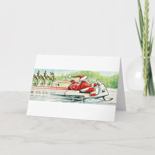 Christmas Skiing Santa Snowmobile Ski Holiday Card | Zazzle