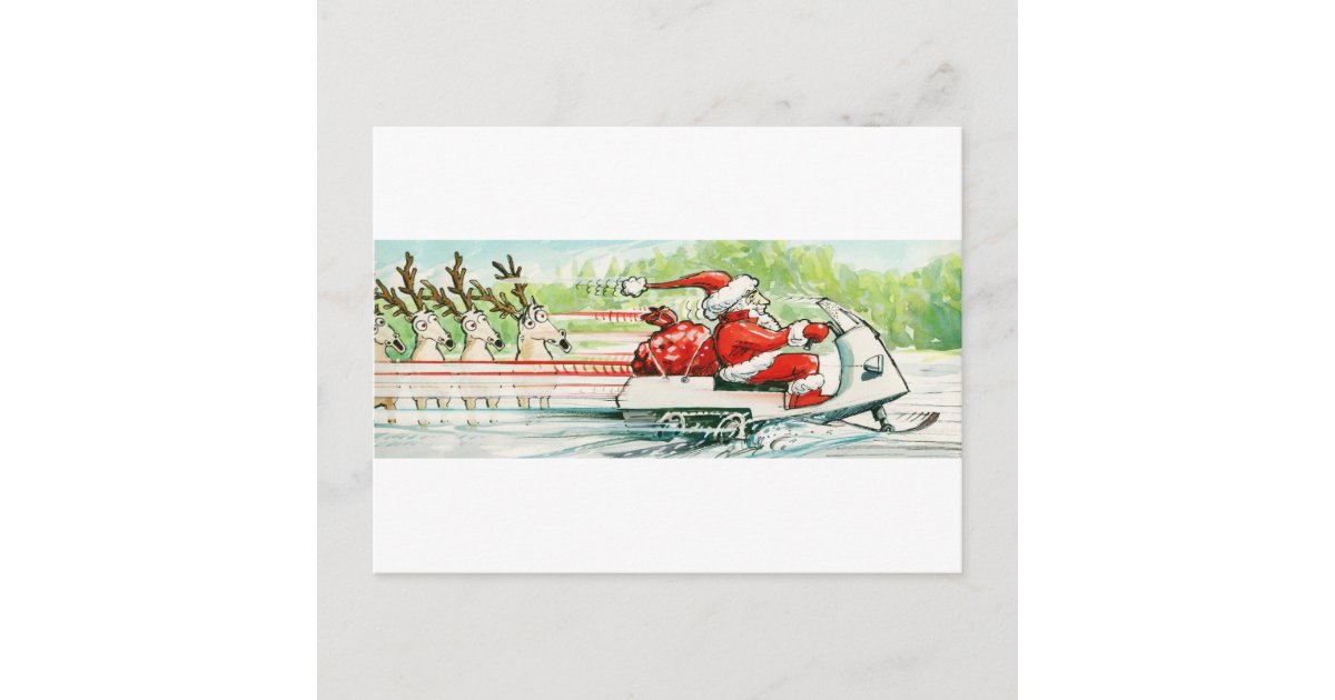Christmas Skiing Santa Snowmobile Ski Holiday Postcard | Zazzle