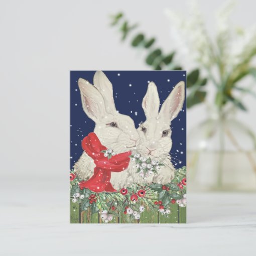 Christmas Snow Bunny Rabbit Dark Blue Holly Berry Holiday Postcard | Zazzle