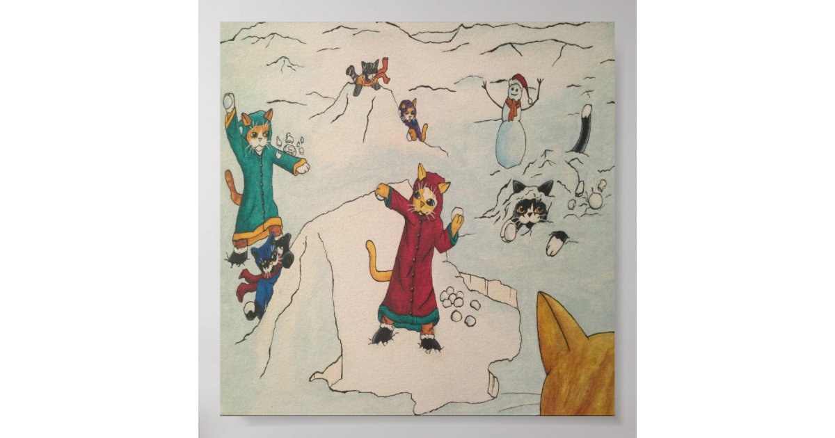 Christmas Snowball Fight Cats Poster | Zazzle
