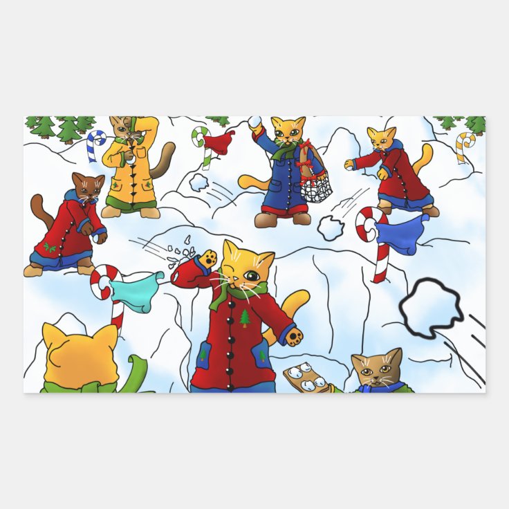 Christmas Snowball Fight Cats Rectangular Sticker | Zazzle