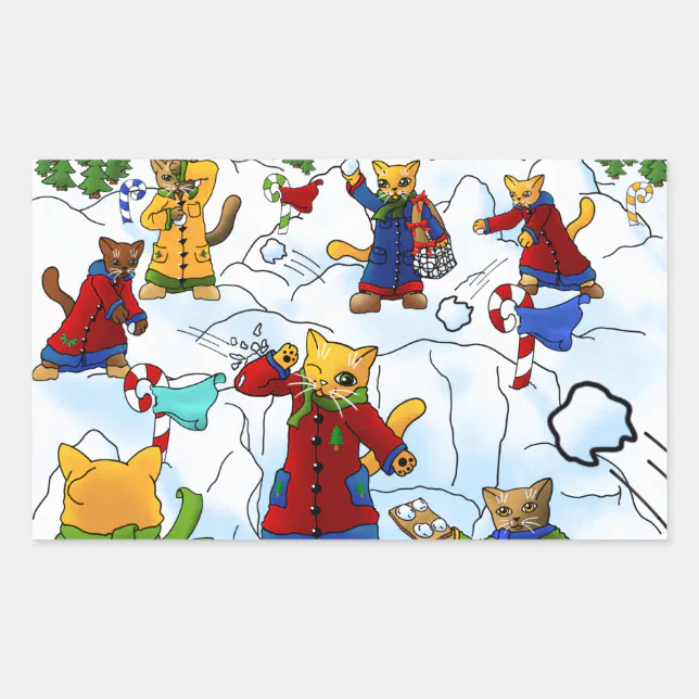 Christmas Snowball Fight Cats Rectangular Sticker | Zazzle