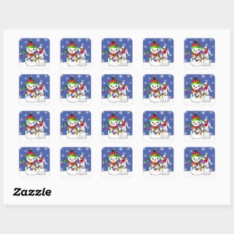Christmas Snowman and Snow Bunny Square Sticker | Zazzle