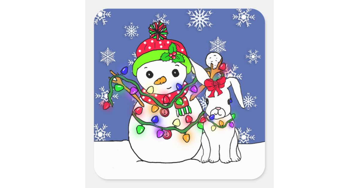 Christmas Snowman and Snow Bunny Square Sticker | Zazzle