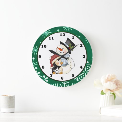 Christmas snowman Holiday cartoon clock | Zazzle