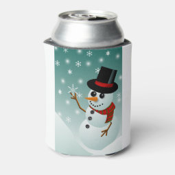 Christmas snowman, snow and snowflakes can cooler | Zazzle