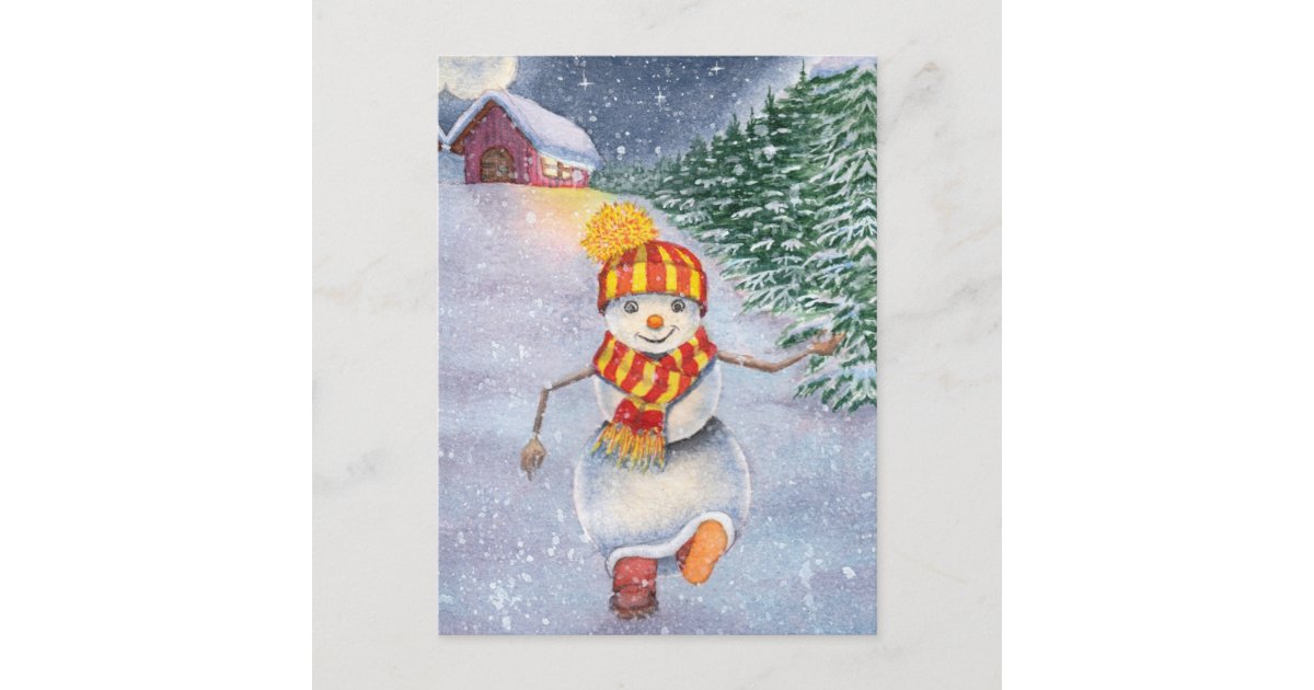 Christmas snowman walking postcard | Zazzle