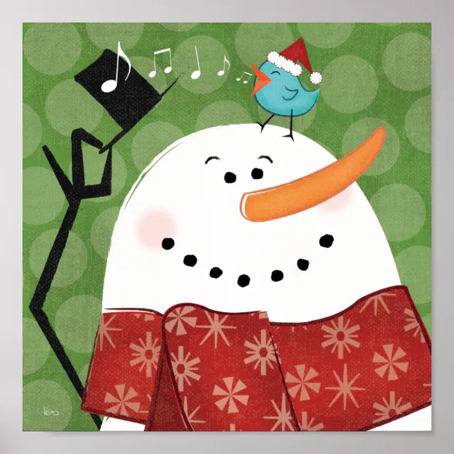 Christmas Snowman with Bird Poster | Zazzle