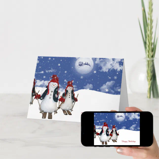 Christmas snowmen skiing holiday card | Zazzle