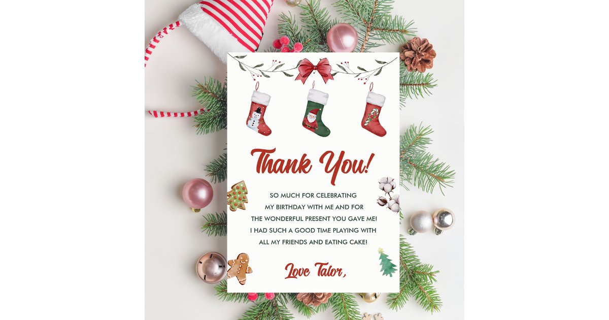 Christmas Sock Birthday Party Thank You Card | Zazzle