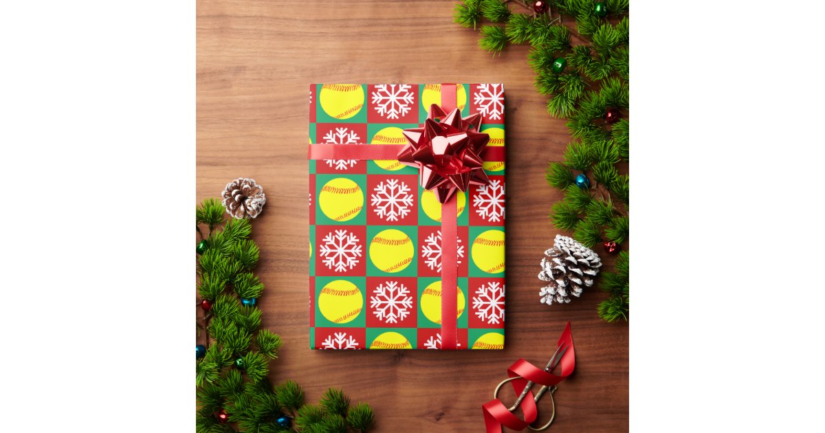 Christmas Softball and Snowflake Red and Green Wrapping Paper | Zazzle
