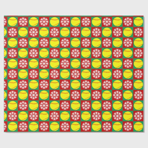 Christmas Softball and Snowflake Red and Green Wrapping Paper | Zazzle