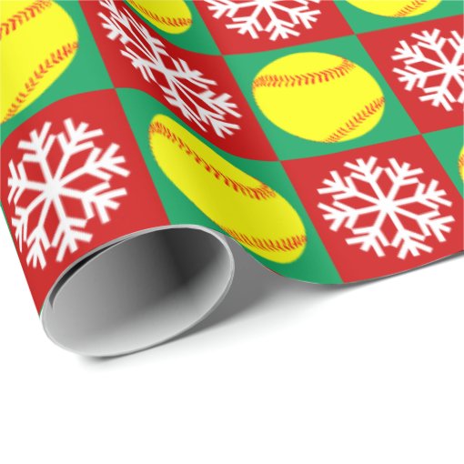 Christmas Softball and Snowflake Red and Green Wrapping Paper | Zazzle