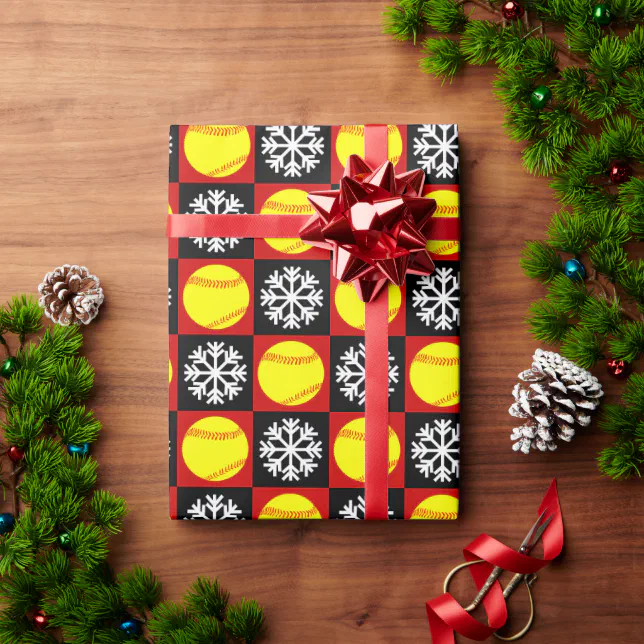 Christmas Softball Red and Black Snowflake Pattern Wrapping Paper | Zazzle