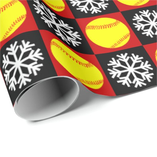 Christmas Softball Red and Black Snowflake Pattern Wrapping Paper | Zazzle