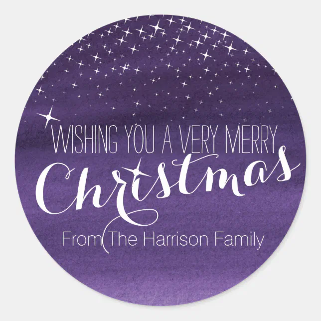 Christmas starry night stars purple round stickers | Zazzle