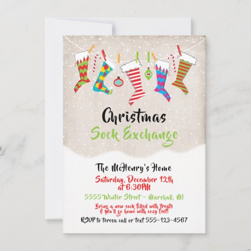 Christmas Stocking Sock Swap clothesline Exchange Invitation | Zazzle
