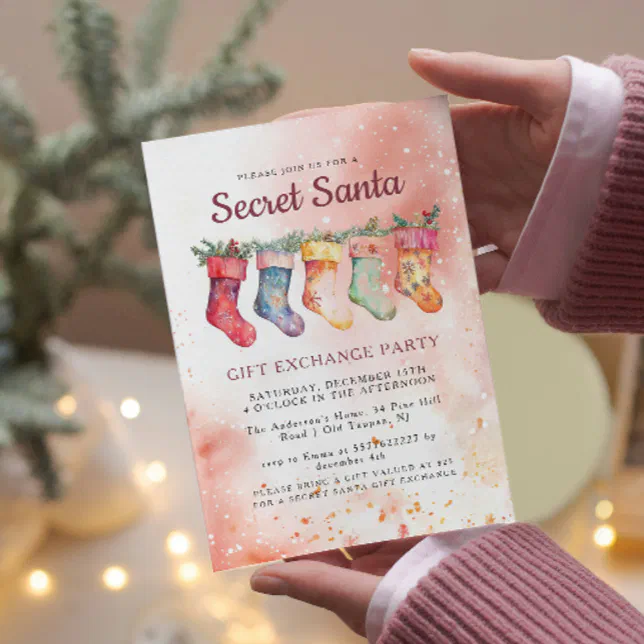 Christmas Stockings Pink Secret Santa Party Invitation | Zazzle