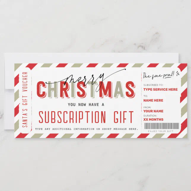 Christmas Subscription SERVICE Gift Ticket Voucher Invitation | Zazzle