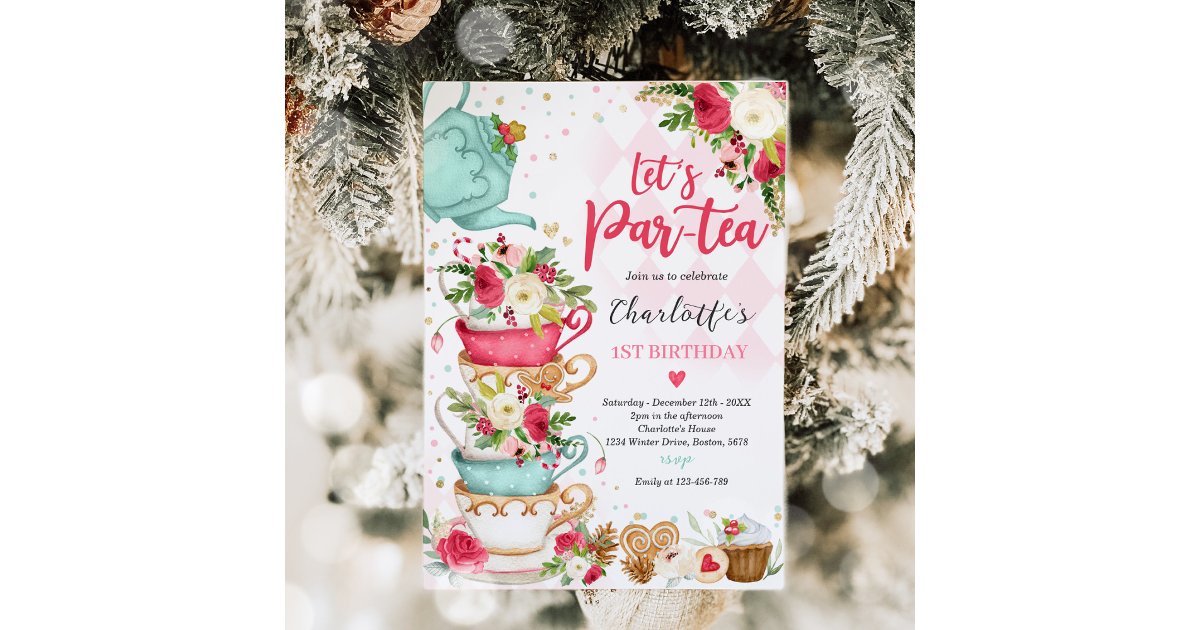 Christmas Tea Birthday Party Let's Par-tea Invitation | Zazzle