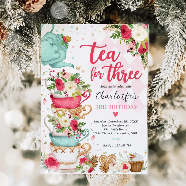 Christmas Tea Birthday Party Tea For Three Party Invitation | Zazzle